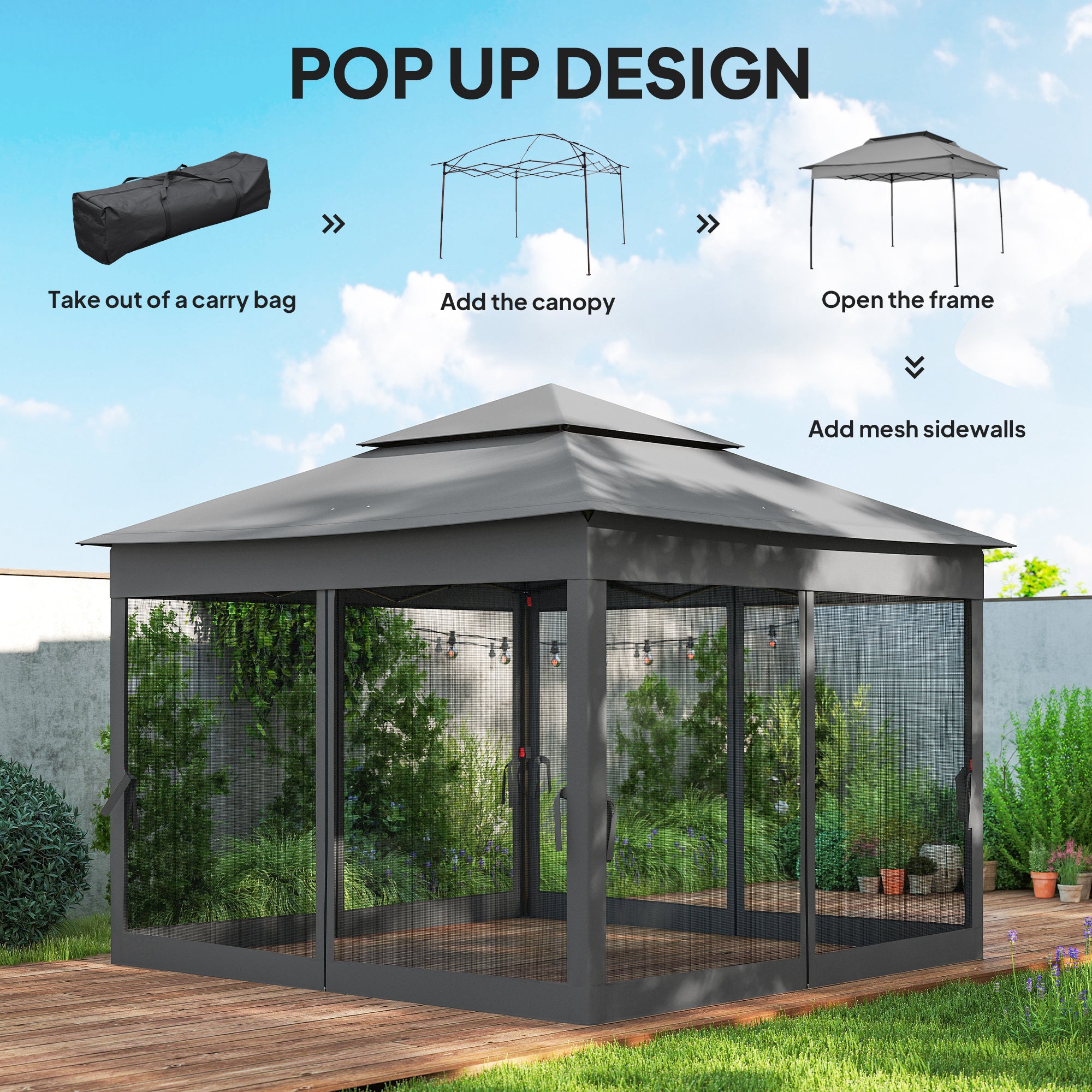Outsunny 3 x 3(m) Pop Up Gazebo, Double-roof Garden Tent with Netting ...
