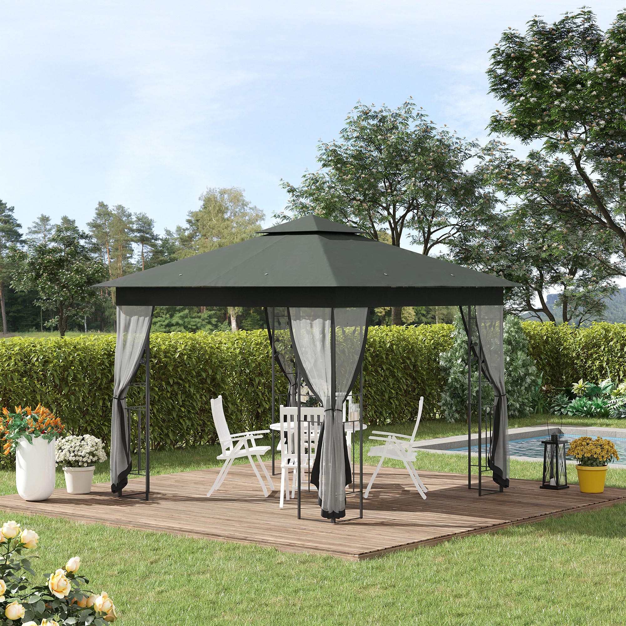 Outsunny 3(m) x 3(m) Garden Gazebo, Double Roof Outdoor Gazebo Canopy ...